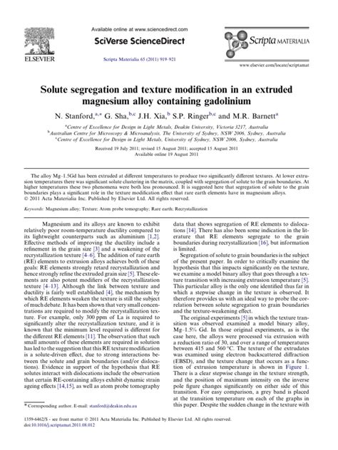 Solute Segregation And Texture Modification In An Extruded Pdf Alloy Extrusion