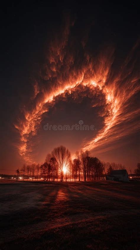 Fiery Orange Sunset Clouds Over Silhouetted Trees Stock Illustration