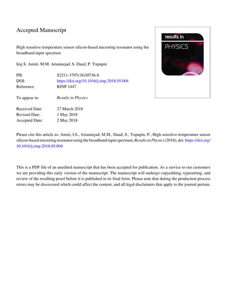Pdf High Sensitive Temperature Sensor Silicon Based Microring Resonator Using The Broadband