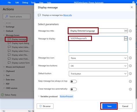 detect language action in microsoft text analysis cognitive service with desktop flow using