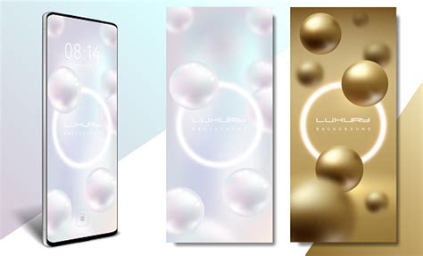 럭셔리 플라잉 쥬얼리 펄과 골드 스피어 화이트 글로우 링 프레임 스마트 폰 배경 화면 유리 형태 요소로 설정 벡터 스마트 폰 스크린 잠금 섬세한 테마 추상적 인 모바일 과학