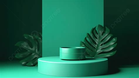 그릇과 식물이 있는 3d 렌더링된 녹색 배경 3d 배경 제품은 받침대 디스플레이 녹색 배경 플랫폼에서 화장품 무대 쇼케이스를 보여주기 위해 플랫폼 3d 스탠드가 있는 녹색