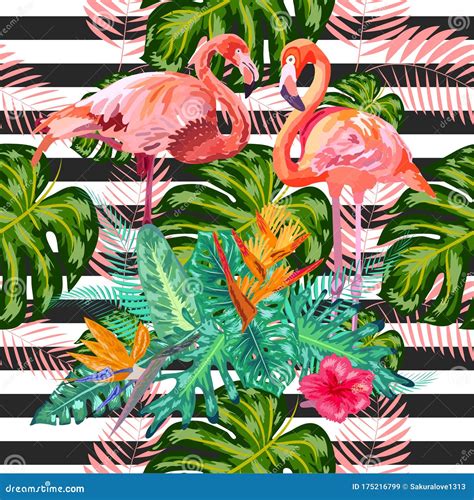 Seamless Pattern With Dark Blue Grunge Stripes And Pink Flamingo Pink