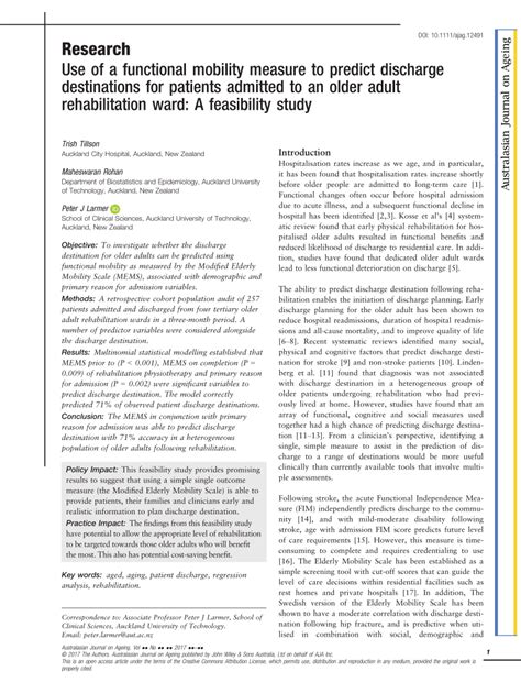 Pdf Use Of A Functional Mobility Measure To Predict Discharge