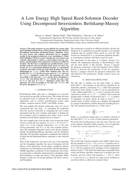Pdf A Low Energy High Speed Reed Solomon Decoder Using Decomposed Inversionless Berlekamp