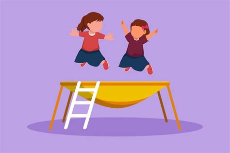 그래픽 플랫 디자인 그리기 두 어린 소녀 함께 트램폴린에 점프 행복한 아이 라운드 트램폴린에 점프 놀이 공원 만화 스타일 벡터 일러스트 레이 션에서 활동적인 어린이 야외