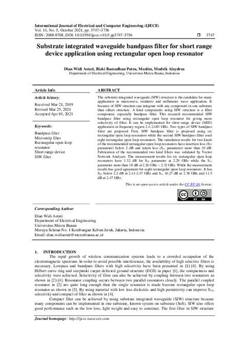Pdf Substrate Integrated Waveguide Bandpass Filter For Short Range Device Application Using