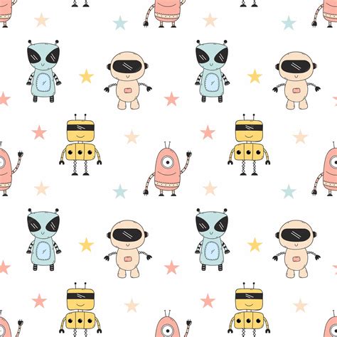 직물 및 포장지에 인쇄를 재봉하기 위한 귀여운 로봇 원활한 패턴 몬스터 프리미엄 벡터