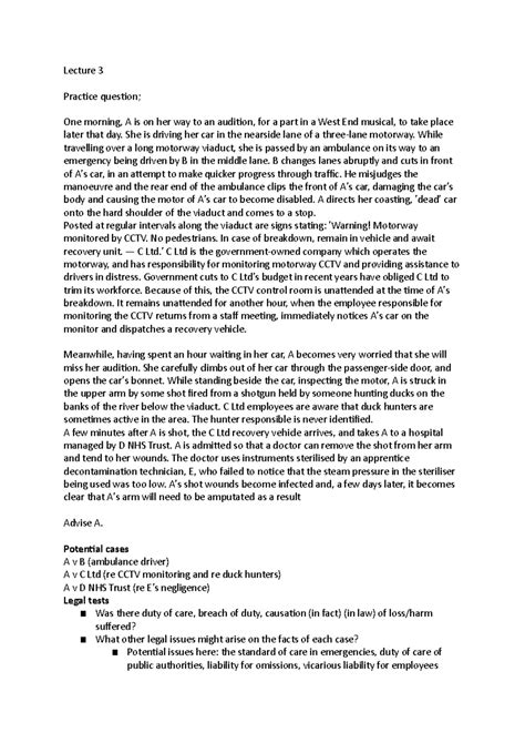 Lecture 3 Tort Law Tort Law Lecture 3 Practice Question One Morning A Is On Her Way To An