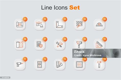 라인 해머 전기 콘센트 색상 팔레트 가이드 렌치 스패너 드릴 머신 삼각형 눈금자 연필 페인트 롤러 브러시 및 창 방 아이콘을 설정합니다 벡터 가정의 방에 대한 스톡 벡터