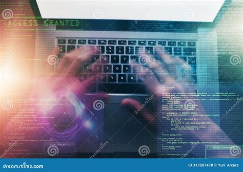 Hands Holographic And Man With Laptop Hacker And Coding With Internet System And Keyboard