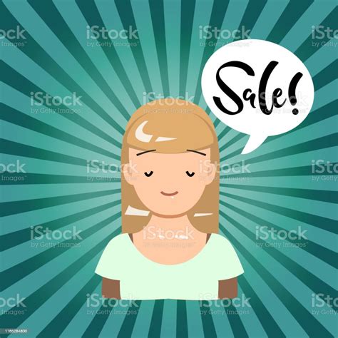 벡터 일러스트 플랫 금발 소녀와 판매 손 은 연설 거품에 그려진 글자 프로모션 배너 전단지 브로셔 웹 페이지 등에 적용됩니다 판매 공지 개념에 사용할 수 있습니다 고객에