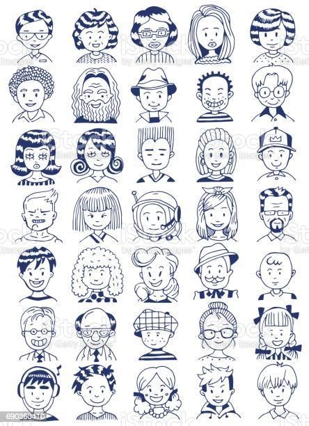 사람들이 초상화 집합입니다 다양 한 남자와 여자 얼굴의 컬렉션입니다 손으로 그린 라인 아트 만화 벡터 일러스트입니다 사람 얼굴에 대한 스톡 벡터 아트 및 기타 이미지