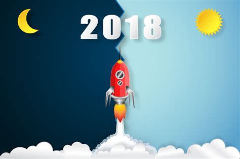 로켓 발사와 구름으로 아침에 맑은 밤에 반달에 비행 개발 프로젝트 또는 비즈니스 2018 년에 종이 예술과 공예 스타일 개념을 시작 합니다 벡터 일러스트 레이 터 2018