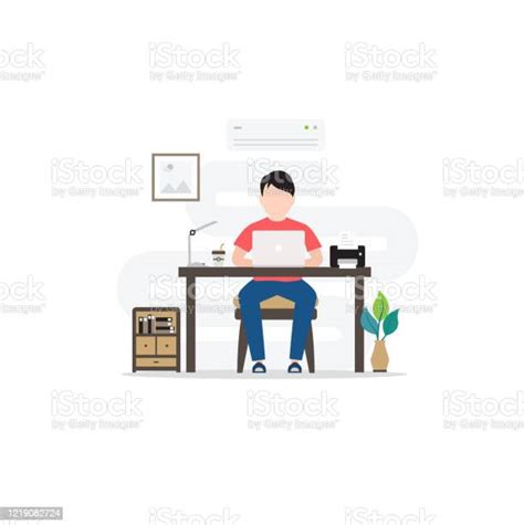 랩톱 컴퓨터에서 일하는 청년 작업 에서 홈 컨셉 디자인 벡터 일러스트 가정의 방에 대한 스톡 벡터 아트 및 기타 이미지 가정의 방 개념 경영자 Istock