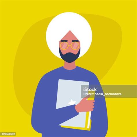 노트북과 문서가있는 폴더를 들고 젊은 인도 남성 캐릭터 학생 프로젝트 관리자 청년 성인 밀레니엄 라이프 스타일 플랫 편집 가능한