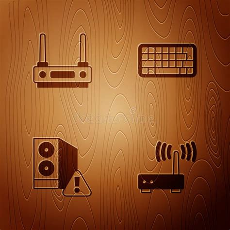 Set Router And Wi Fi Signal Case Of Computer And Keyboard On Wooden Background Vector Stock