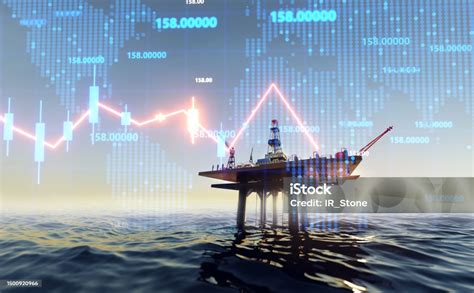 해상 석유 굴착 장치 시추 장비 잭 업 리그 일몰 동안 바다에서의 석유 플랫폼 및 네온 성장 하이트 차트는 가격 역학 변화를 밀어 넣습니다 3d 렌더링 그림 가솔린에 대한
