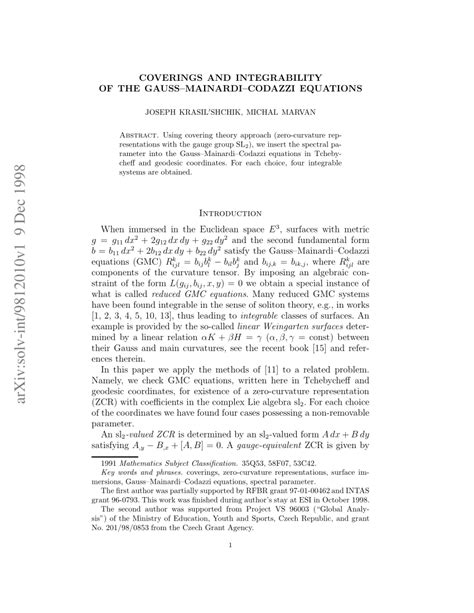 Pdf Coverings And Integrability Of The Gaussmainardicodazzi Equations