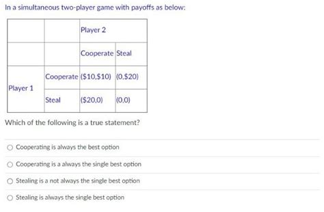 solved in a simultaneous two player game with payoffs as