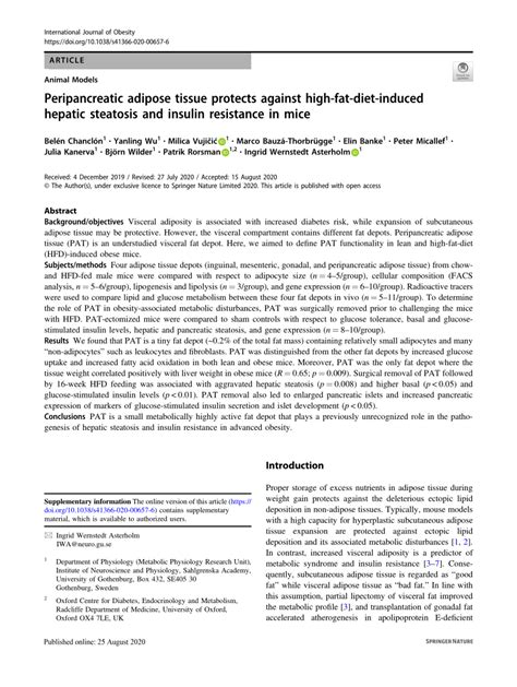 Pdf Peripancreatic Adipose Tissue Protects Against High Fat Diet