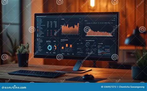 Modern Workspace With A Computer Displaying Data Visualizations And