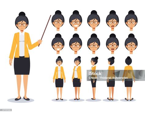 전면 측면 백 뷰 애니메이션 문자 다양한 보기 만화 스타일 플랫 벡터 일러스트와 여성 교사 플랫 벡터 캐릭터 생성 세트 감정 교사 교육 관련 직업에 대한 스톡 벡터 아트 및