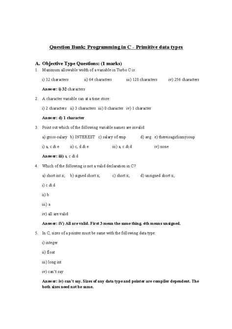 Primitive Data Types Qb Question Bank Programming In C Primitive Data Types A Objective