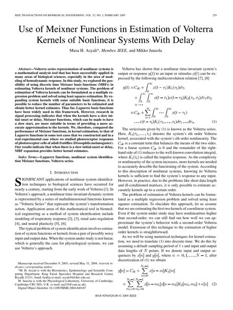 Pdf Use Of Meixner Functions In Estimation Of Volterra Kernels Of