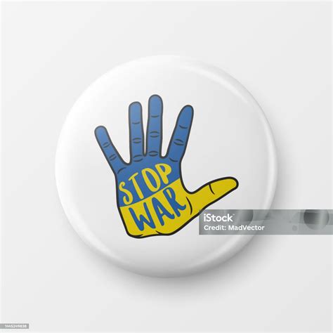 우크라이나에서 전쟁을 중지하십시오 반전 전화가 있는 버튼 핀 배지 투쟁 항의 우크라이나 지원 우크라이나 전쟁과 손바닥 벡터 일러스트 레이 션입니다 슬로건 우크라이나에 대한