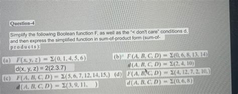 Solved Question −4 Simplify The Following Boolean Function