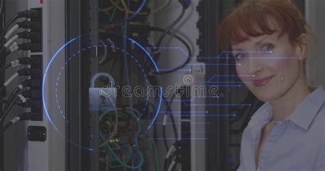 Smiling Woman In Server Room Working On Cybersecurity With Digital Lock