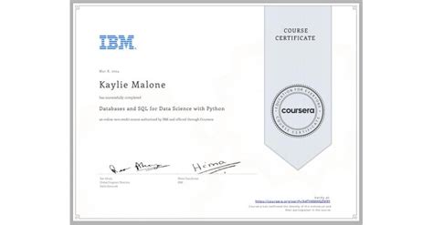 Kaylie Malone On Linkedin Completion Certificate For Databases And Sql For Data Science With Python