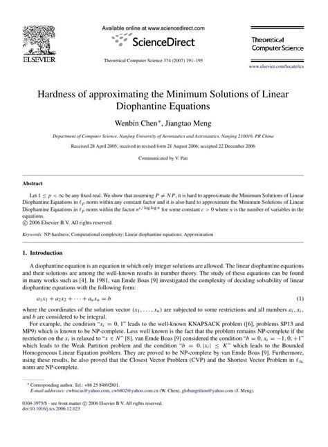 Pdf Hardness Of Approximating The Minimum Solutions Of Linear Diophantine Equations Dokumentips