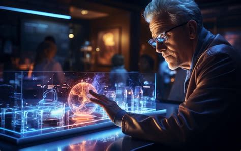 Scientist Analyzing Data On Holographic Display Premium Ai Generated Image