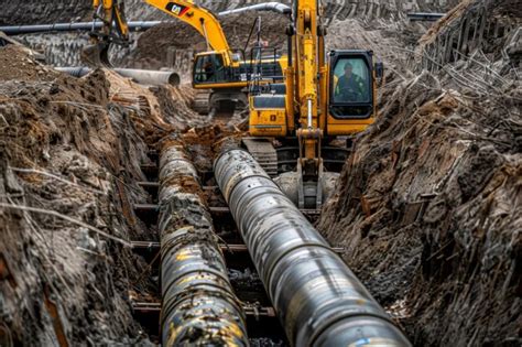 Excavator Installing Pipeline On Site Premium Ai Generated Image