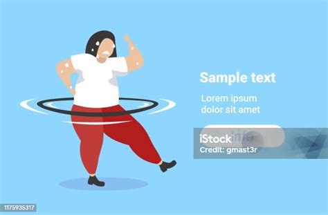 뚱뚱한 뚱뚱한 소녀 비틀기 훌라 후프 과체중 땀 여자 심장 훈련 운동 체중 감소 개념 평면 전체 길이 수평 복사 공간 가공의 인물에 대한 스톡 벡터 아트 및 기타 이미지