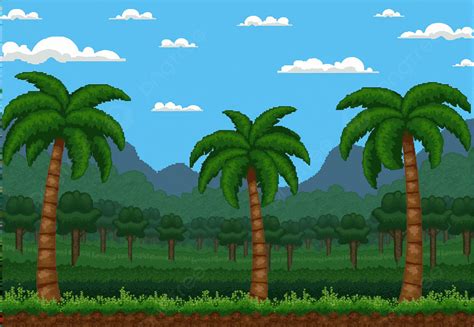 Jungle Forest Bit Pixel Game Level Landscape With Palms Background Jungle Forest Bit