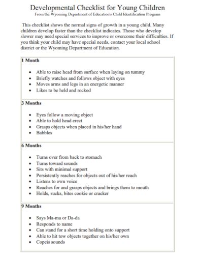 Free 10 Developmental Checklist Samples [ Milestones Behavior
