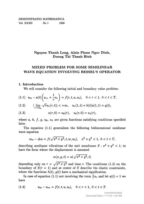 Pdf Mixed Problem For Some Semilinear Wave Equation Involving Bessels Operator