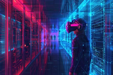 A Hacker Navigates A Vibrant Virtual World Filled With Glowing Digital