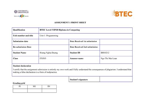 ASM1 Programming Hoang Nghia Duong 2 ASSIGNMENT 1 FRONT SHEET