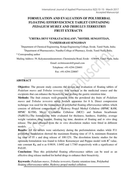 Pdf Formulation And Evaluation Of Polyherbal Floating Effervescence Tablet Containing Pedalium