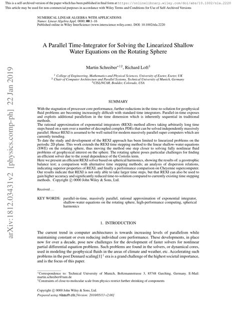 Pdf A Parallel Time Integrator For Solving The Linearized Shallow Water Equations On The
