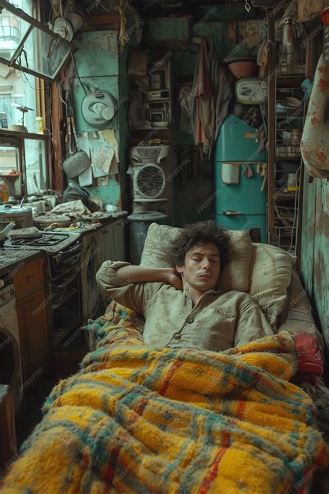 Человек спит на кровати в крошечном доме Ai сгенерированное изображение