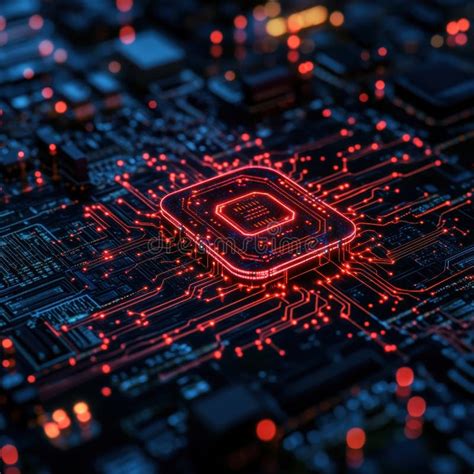 Close Up Of A Glowing Red Microchip Integrated Into A High Tech Circuit Board Highlighting