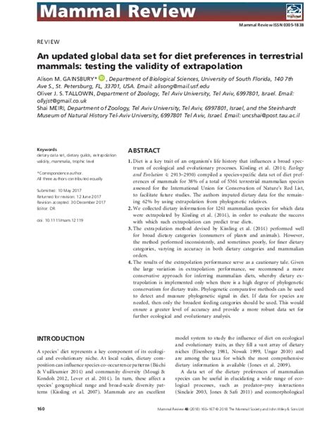 Pdf An Updated Global Data Set For Diet Preferences In Terrestrial Mammals Testing The