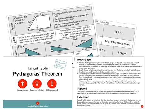 Pythagoras Theorem Target Table Teaching Resources