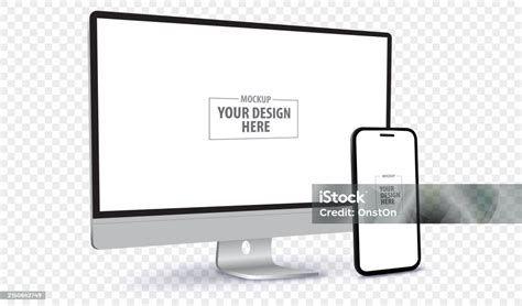 데스크톱 컴퓨터 및 휴대폰 화면 원근 보기 모형 디지털 장치 투명한 배경과 벡터 템플릿입니다 데스크탑 컴퓨터에 대한 스톡 벡터 아트 및 기타 이미지 Istock