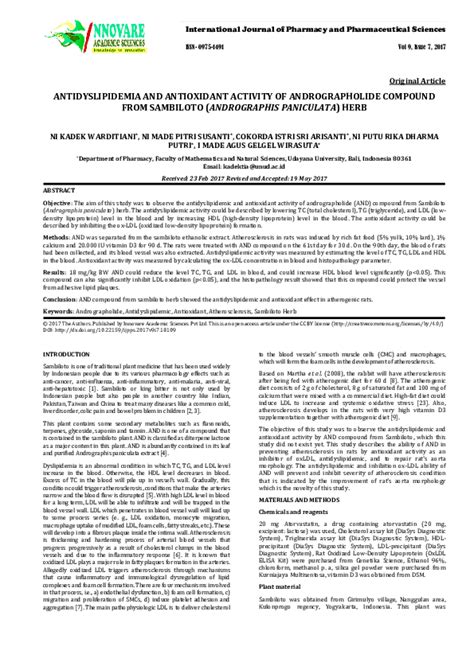 Pdf Antidyslipidemia And Antioxidant Activity Of Andrographolide Compound From Sambiloto